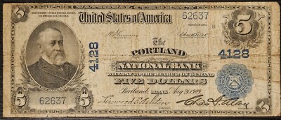 1902 National Currency Note Portland ME Charter 4128 $5 Bill Blue Seal ...
