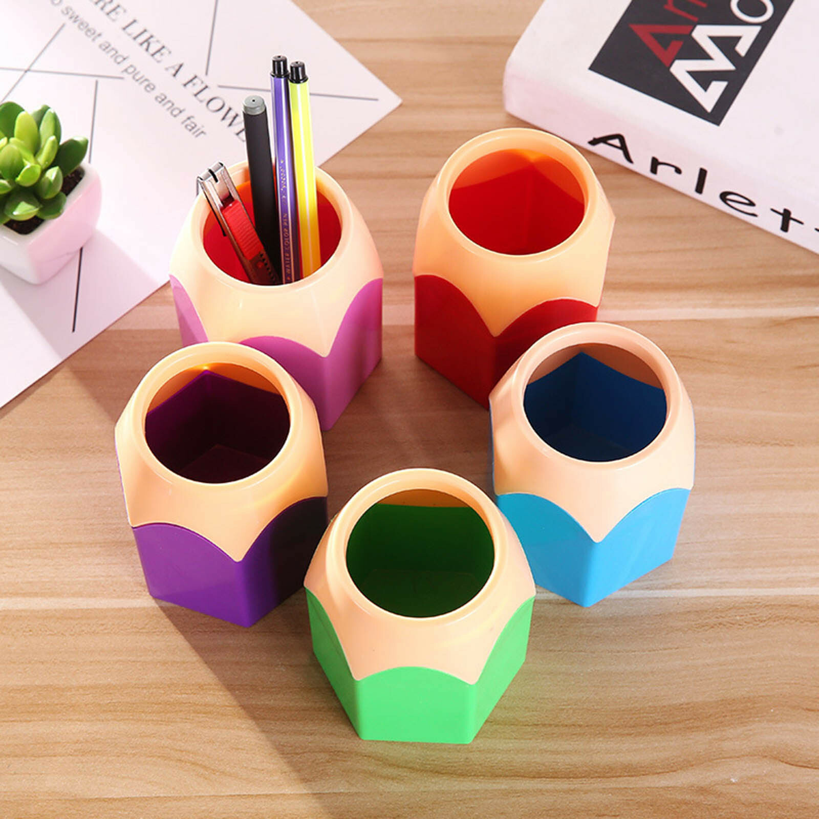 5PC Hexagonal Desk Tidy Organiser Pen Storage Pencil Pot Holder ...