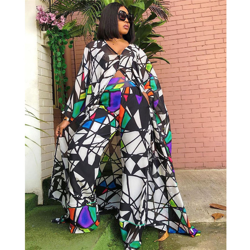 African Women Open Kaftan Long Pants 2 Piece Set Oversize Cardigan ...