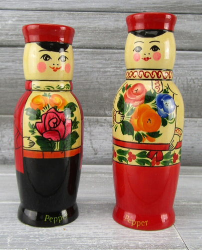 Matrioshka Russian Wooden Nesting Vodka Black & Red Pepper Shakers Hand ...