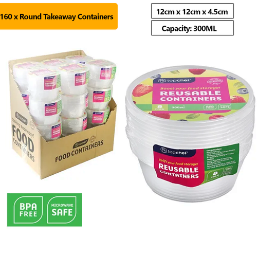 160x Round Food Containers with Lid 300ml Takeaway Meal Prep Take Away ...