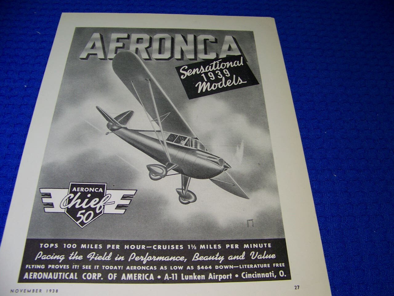 1938 AERONCA CHIEF 50 "SENSATIONAL 1939 MODEL". 1-PAGE ORIGINAL SALES ...