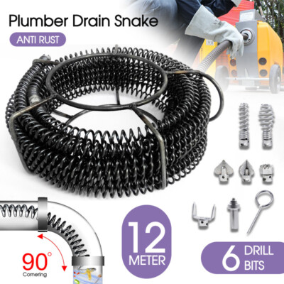 12m Drain Snake Pipe Sewer Cleaner Electric Unblocker Sink Pipeline 6 ...