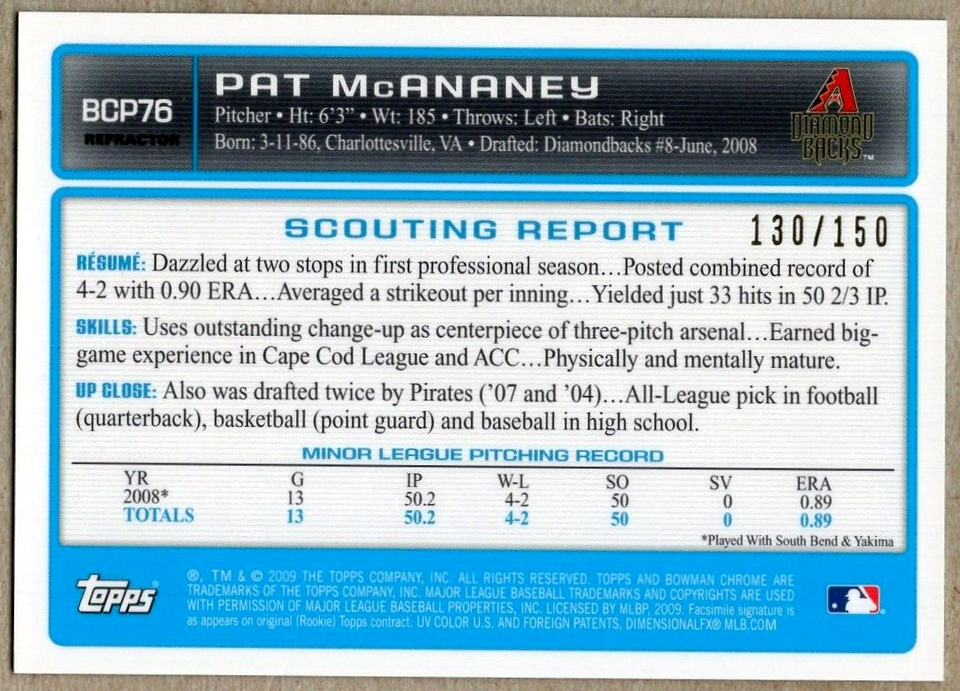 PAT MCANANEY - 2009 BOWMAN CHROME PROSPECTS BLUE REFRACTOR RC /150 | eBay