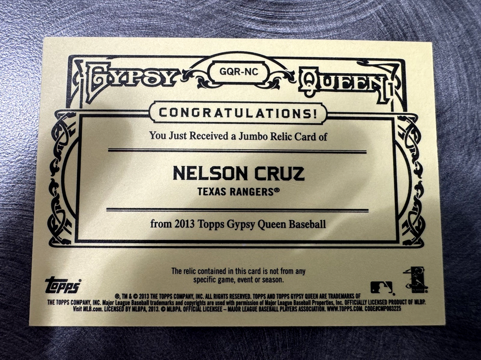 2013 Gypsy Queen NELSON CRUZ JUMBO RELIC CARD 9/25 | eBay