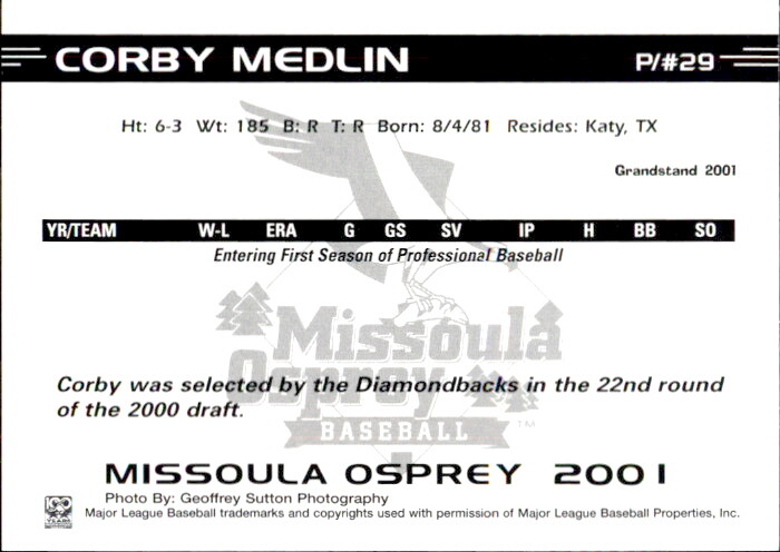 2001 Missoula Osprey Grandstand #29 Corby Medlin Katy Texas TX Baseball ...