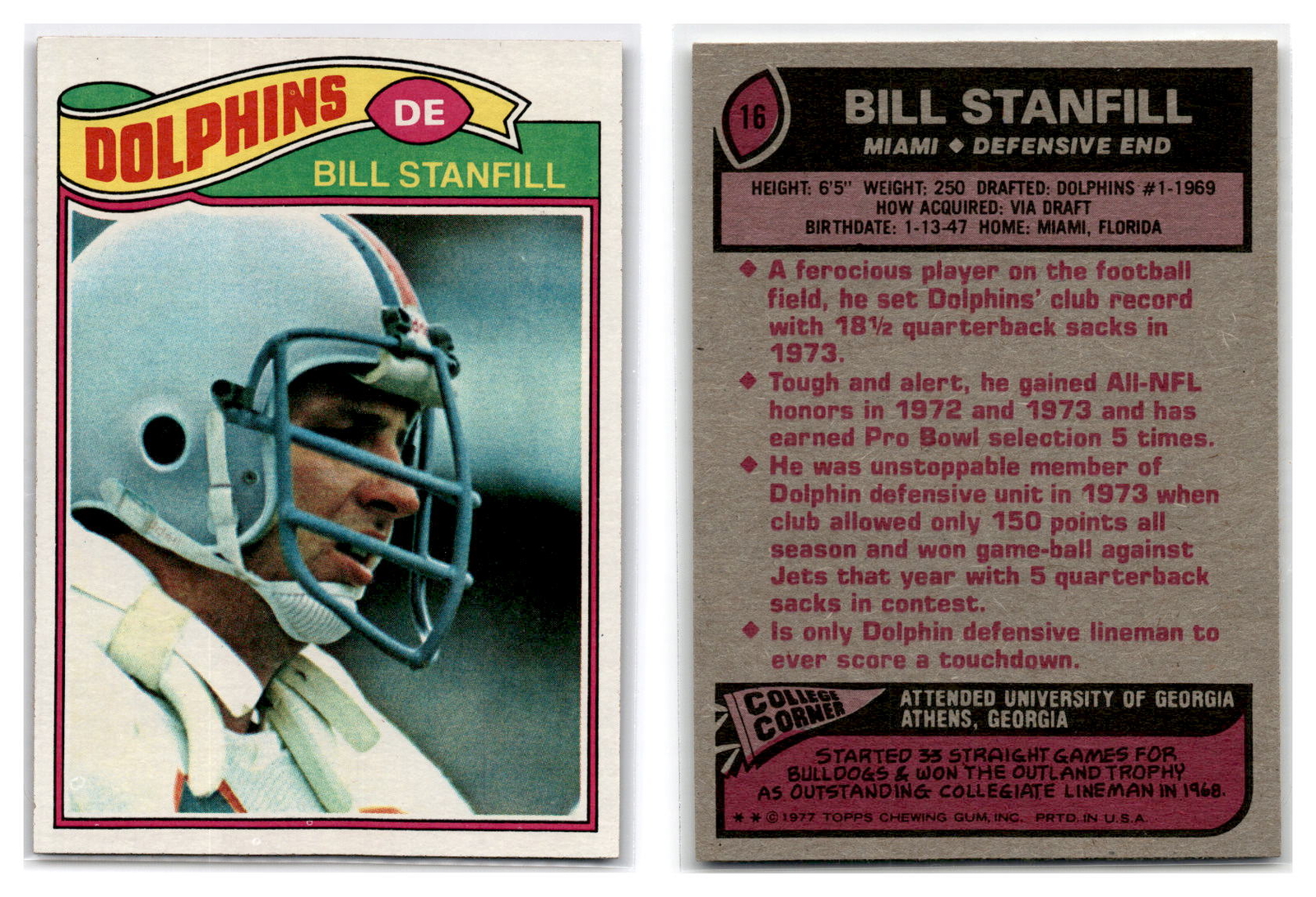 1977 Topps #16 Bill Stanfill EXMT/NM - Miami Dolphins | eBay