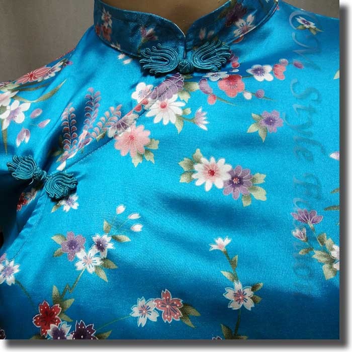Chinese Cheongsam Qipao Style Floral Satin Tunic Top Blue XS/S/L/XL | eBay