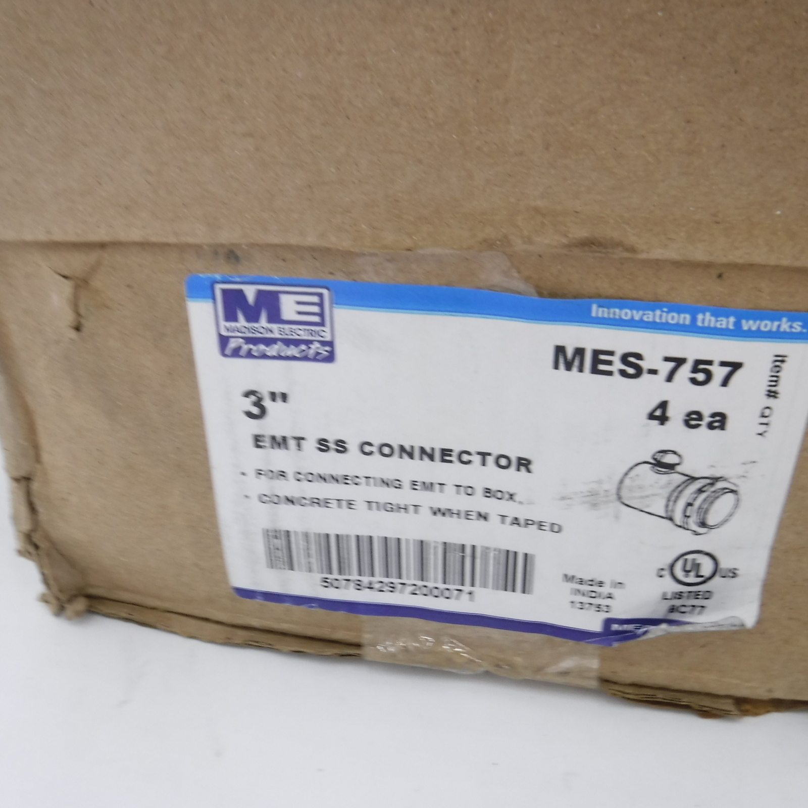 Box of 4 Madison Electric 3" EMT Set Screw Connectors MES-757 for EMT ...