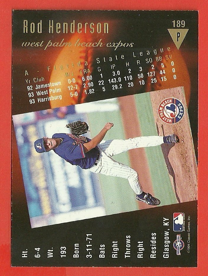 ROD HENDERSON - 1994 Classic Gold #189 Minor League Autographed Card | eBay