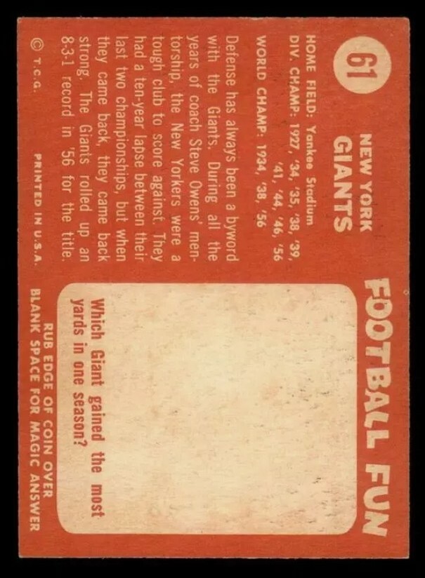 1958 Topps #61 New York Giants NEAR MINT football team card. | eBay