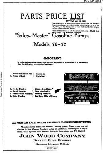 Bennett Model 76 an 77 Sales Master Gasoline Pump illustrated Factory ...