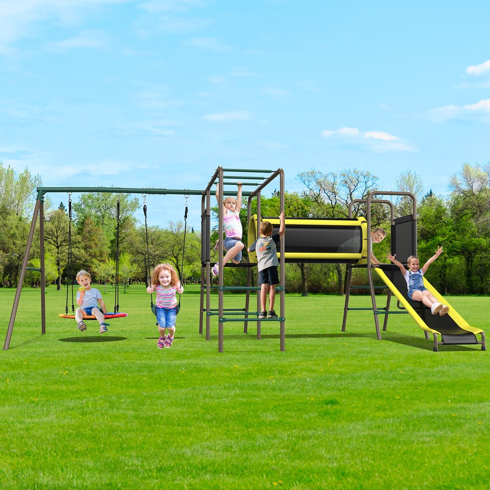 Heavy Duty Metal Swing Set with 2 Swings, Mesh Slide,Climbing Ladder ...