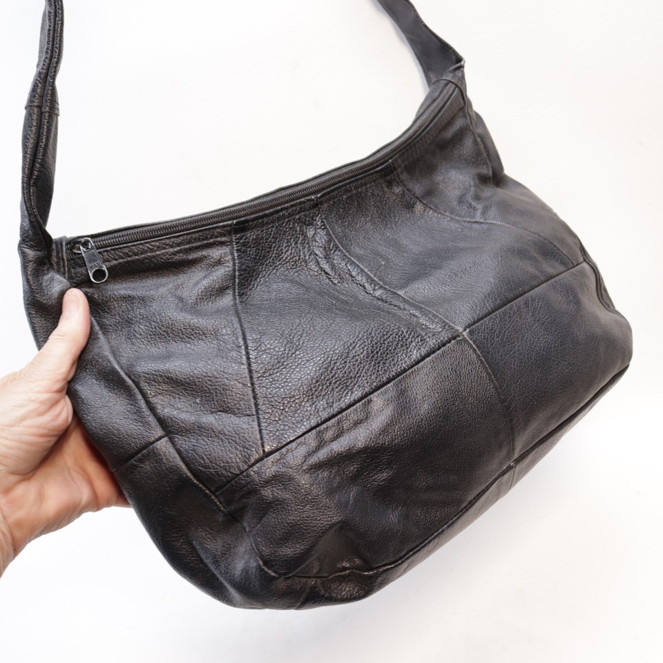 Vintage Genuine Leather Handbag Women M Black Lined Sections Purse ...