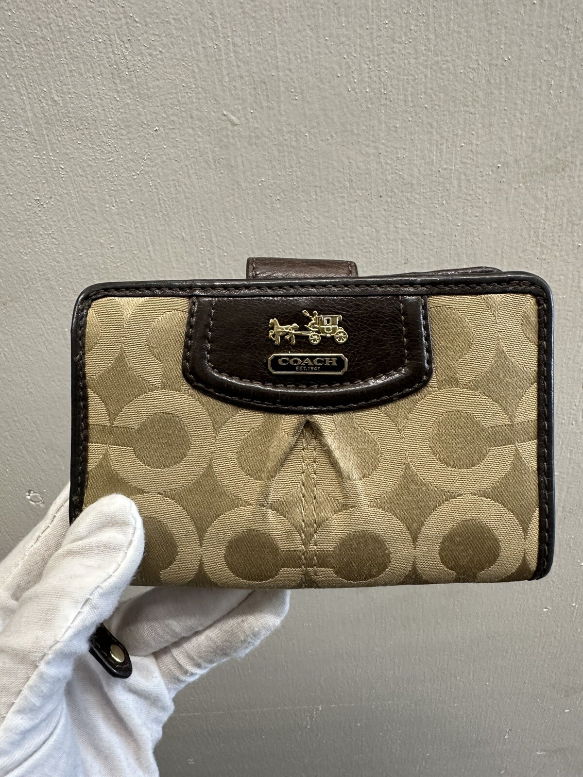 COACH Signature Khaki Brown Snap Bifold Wallet - Gem