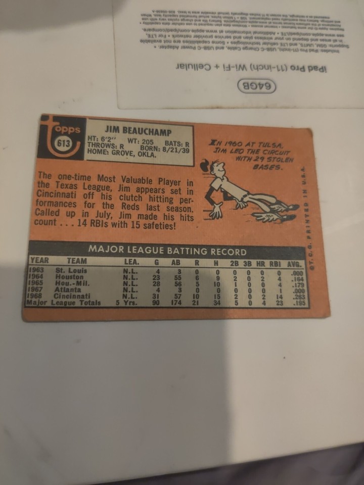 1969 TOPPS BASEBALL #613 JIM BEAUCHAMP CINCINNATI REDS HIGH NUMBER EX J ...