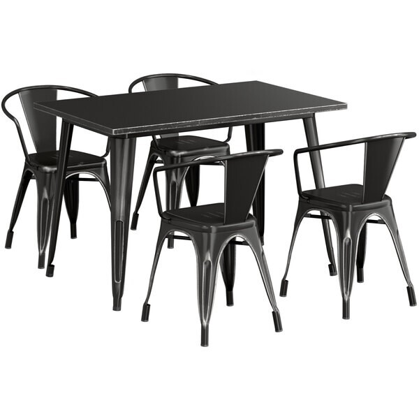 30" x 48" Rectangular Distressed Black Metal Restaurant Table Set w/ 4 ...