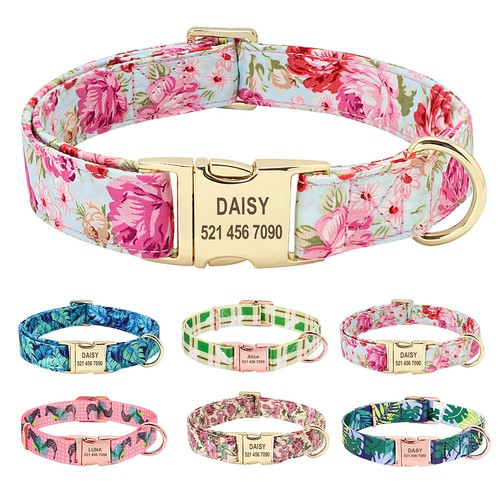 Floral Personalised Dog Collar Custom ID Name Tag Collars Engraved Gold ...