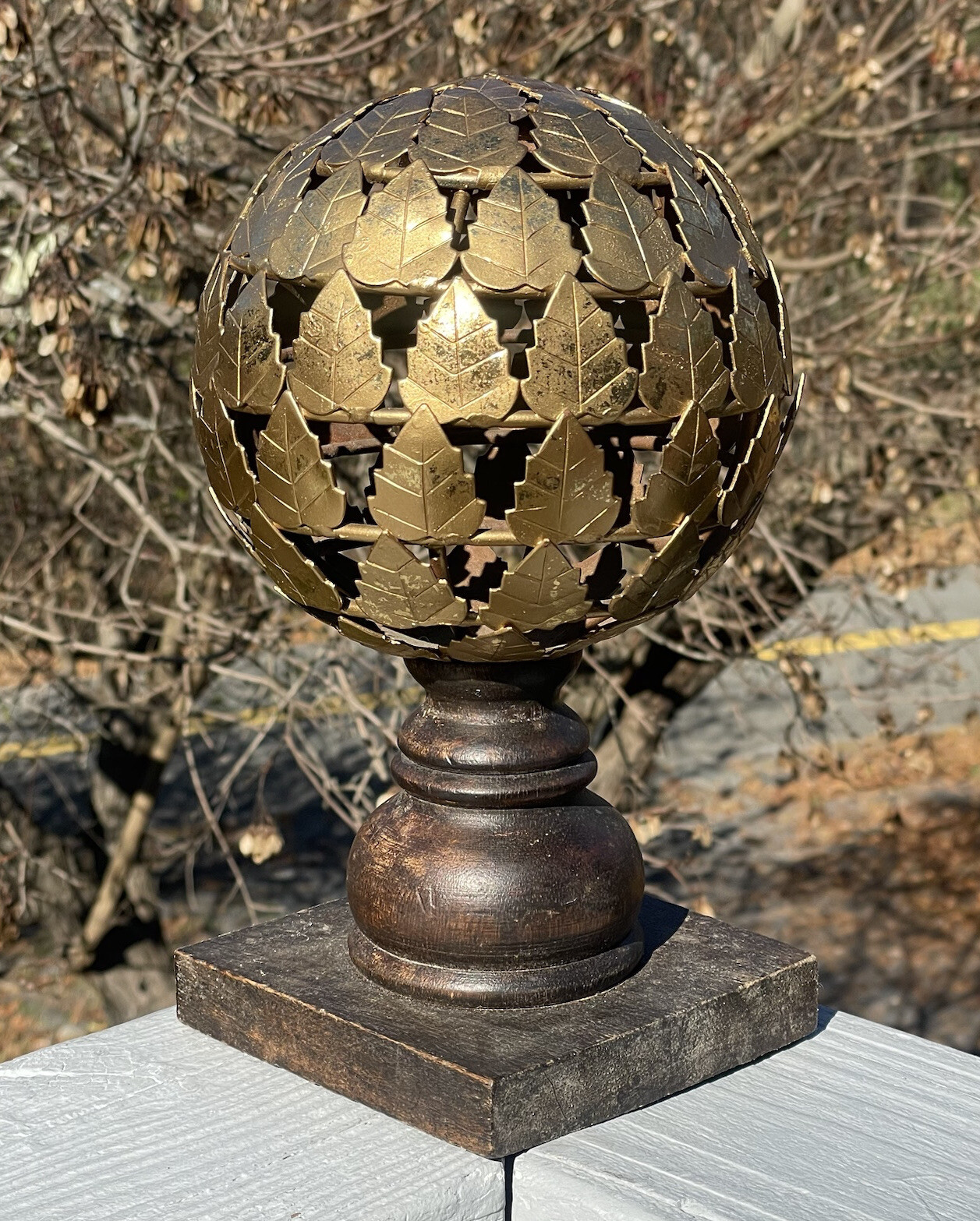 10 3/8" Gold Toned Metal Maple Leaf Sphere Topiary Sculpture Wooden ...