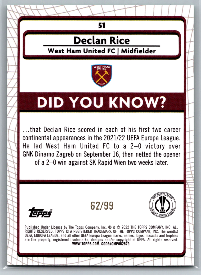 Declan Rice 2021-22 Topps Merlin Chrome UCL Green Refractor /99 #51 ...