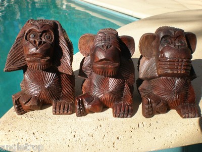 3 THREE WISE MONKEYS CARVED HARD WOOD STATUE /ORNAMENTS BALI CARVING ...