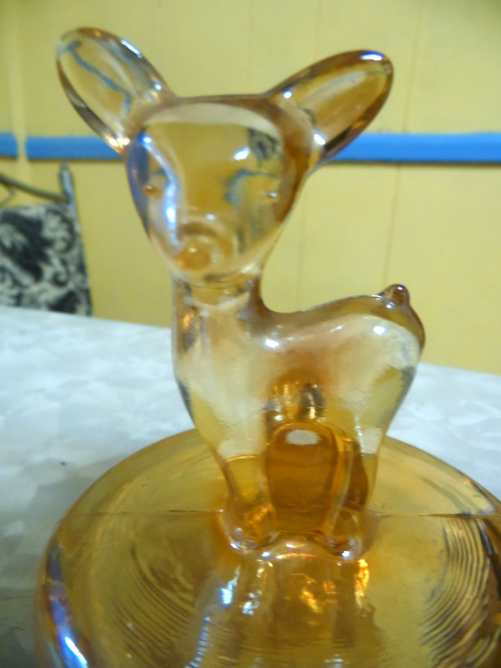 Vintage Jeanette Amber Carnival Glass Deer Fawn Trinket Candy Dish w ...
