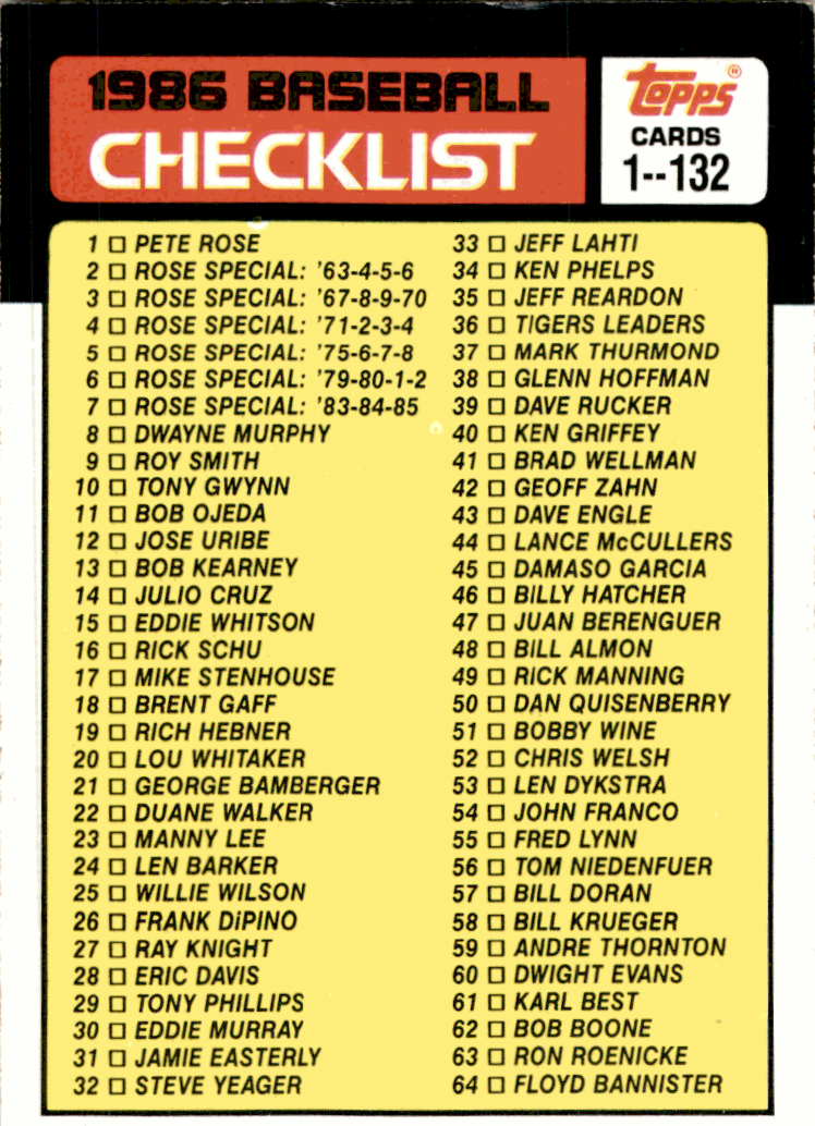 1986 Topps Baseball #131 Checklist: 1-132 Vintage Original | eBay