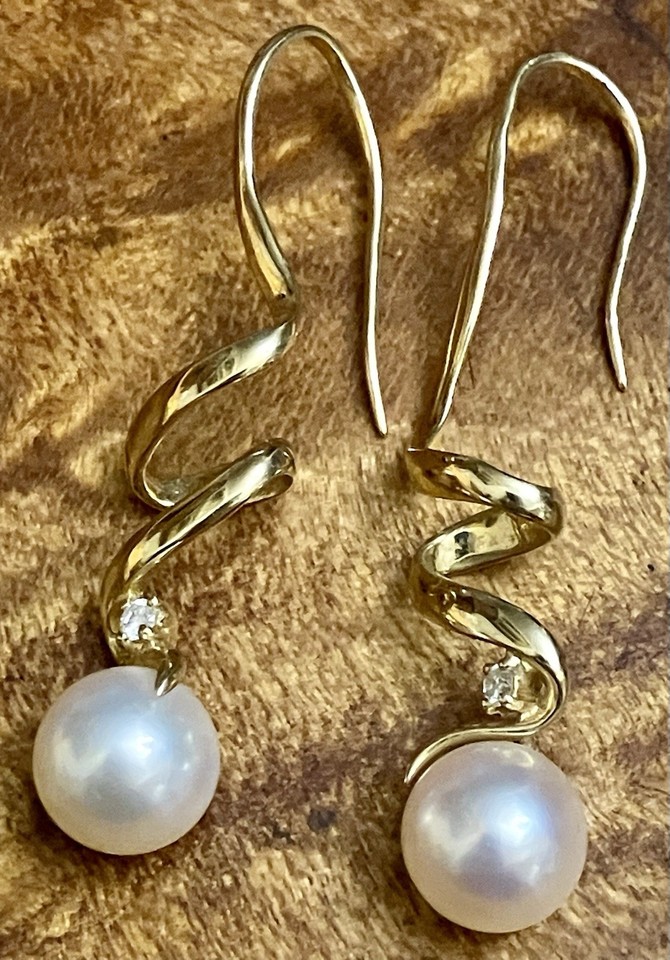 Vintage 14K Yellow Gold Pearl Loop Earrings with Diamond Accents Signed ...