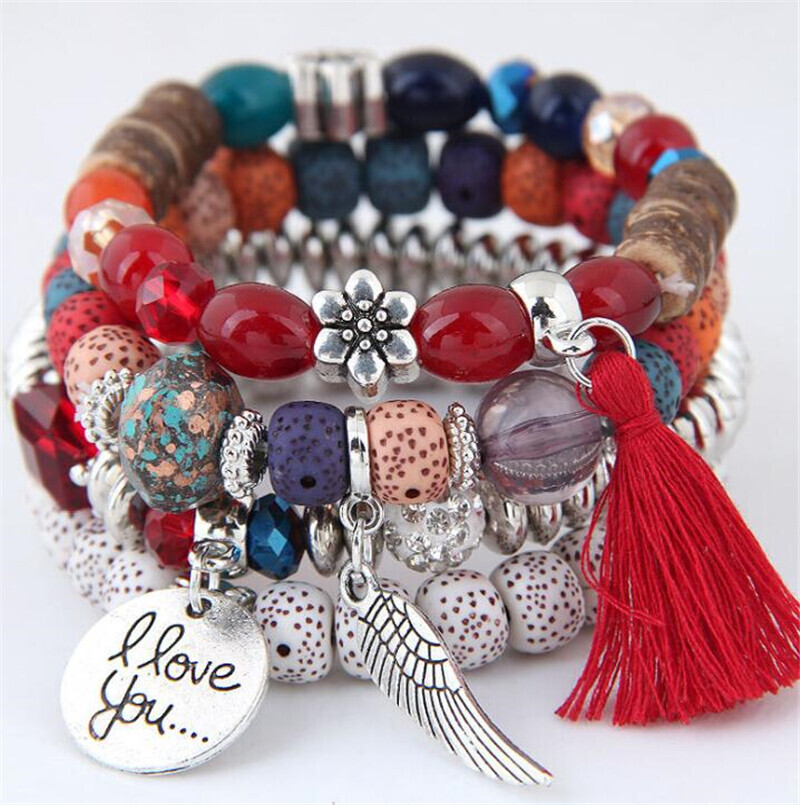 Women Boho Multi-layer Crystal Beaded Beads Bohemia Cuff Bracelets Set ...