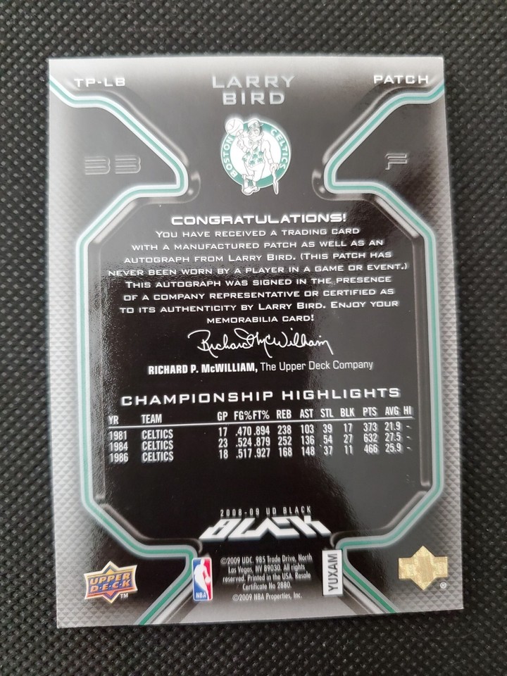 2008-09 LARRY BIRD AUTO UPPER DECK UD BLACK TROPHY PATCH SP INSERT #/25 ...