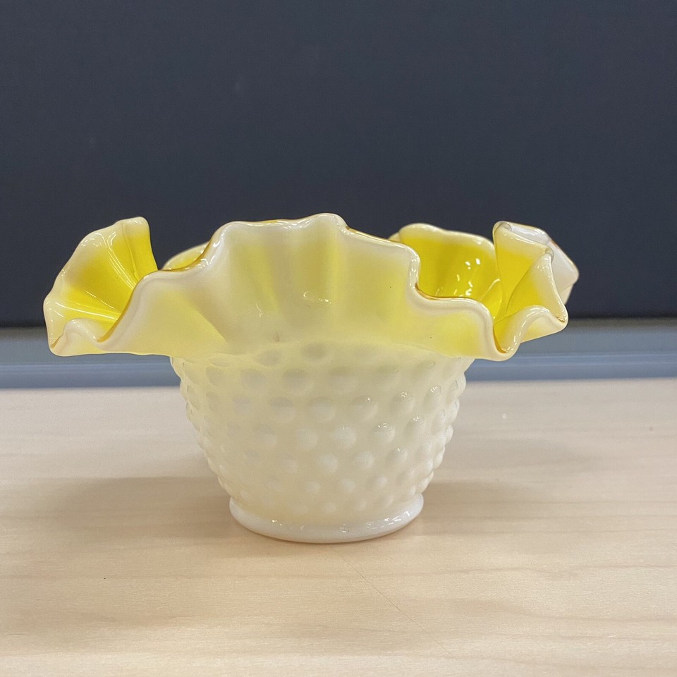 Fenton Yellow Overlay Hobnail Goldenrod Glass Bowl Pre-Logo Rare | eBay
