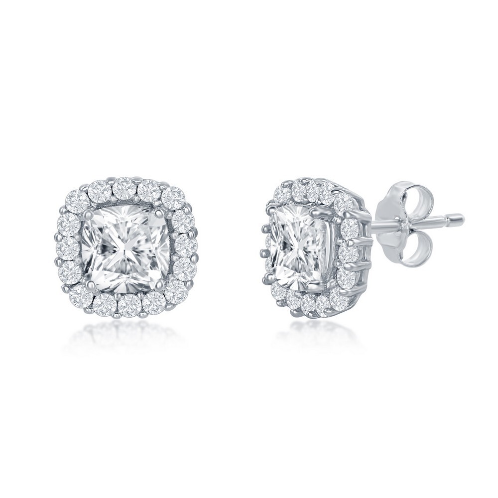 Sterling Silver 6mm CZ Square with CZ Border Stud Earrings | eBay