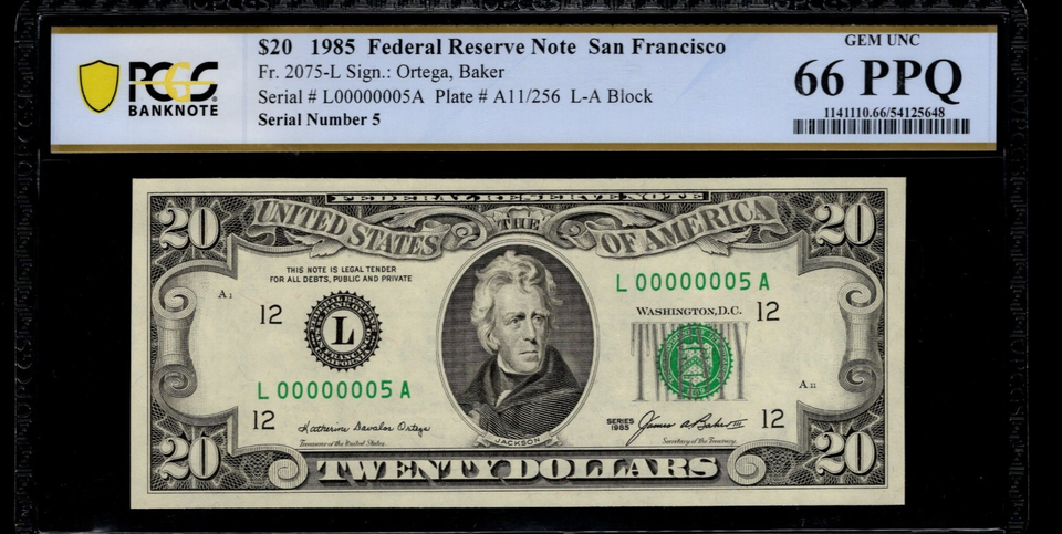 Low Serial Number Twenty Dollar Bill PCGS 66 PPQ Serial Number 5 LA ...