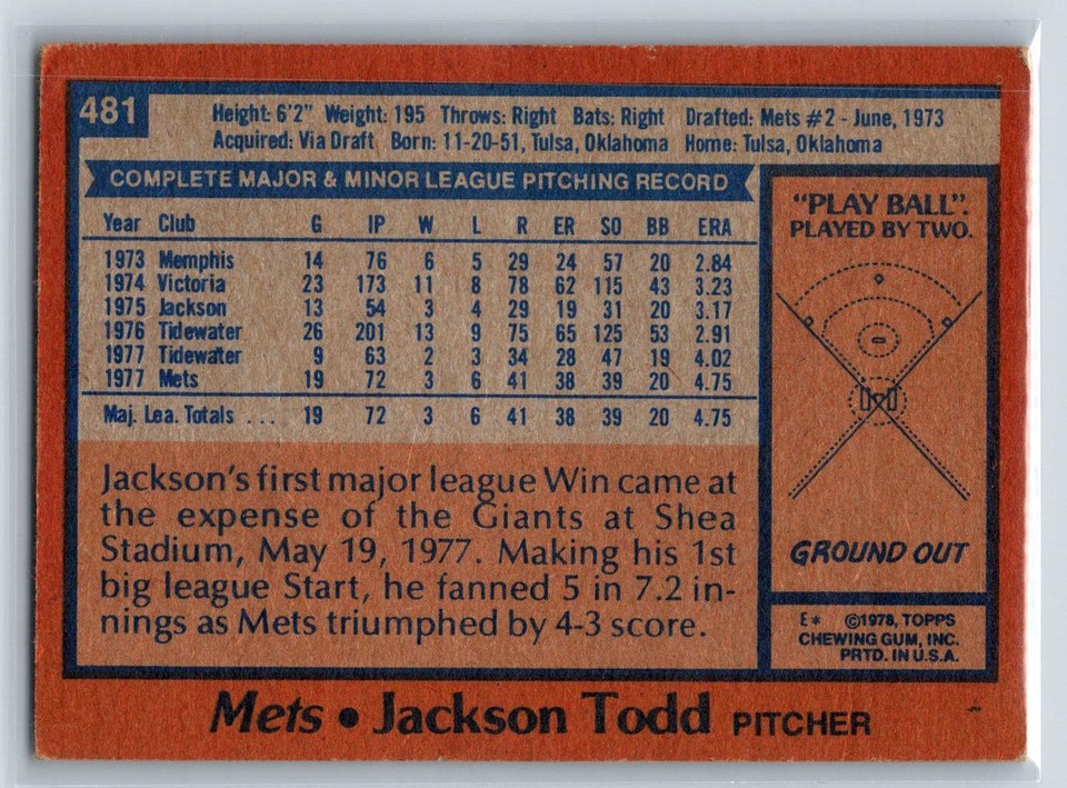 1978 Topps #481 Jackson Todd New York Mets RC | eBay