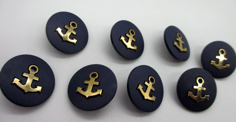 Eight (8) Round NAVY BLUE Plastic Gold Anchors Shank Back Buttons 3/4 ...