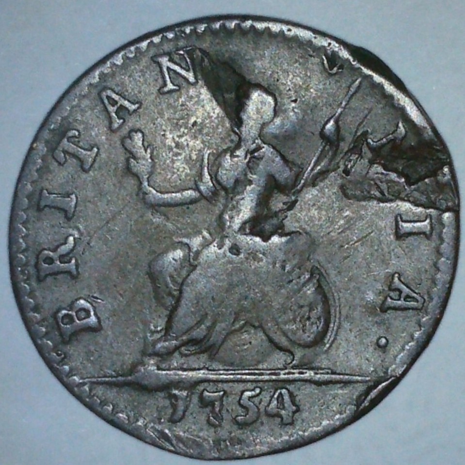 BRITAIN 1754 Farthing King George II American Colonial Era Copper 1/4d ...