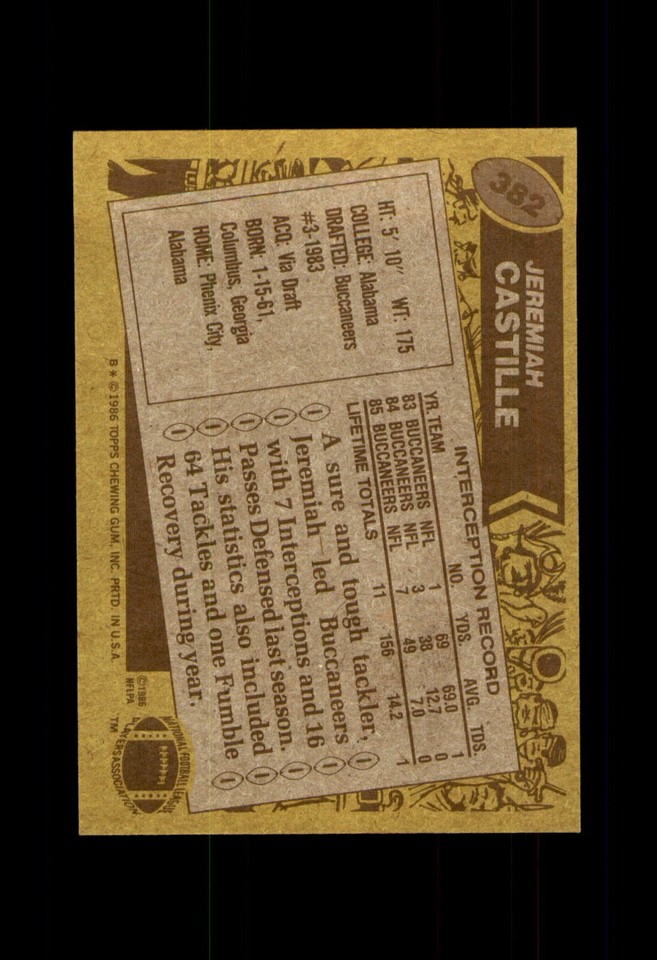 1986 TOPPS FOOTBALL CARD TAMPA BAY BUCCANEERS #382 JEREMIAH CASTILLE | eBay