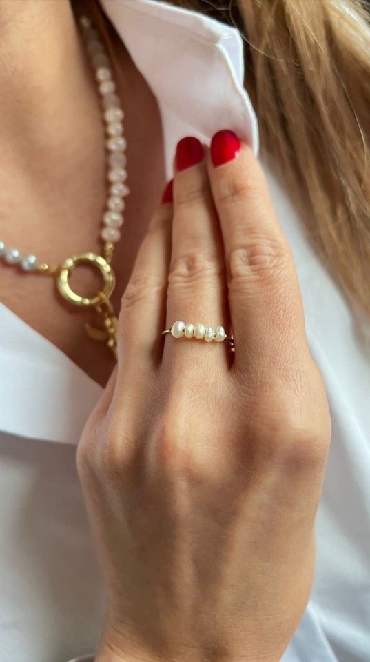Gold Freshwater Mini Pearl Ring Dainty Pearl Ring Stacking Ring Minimalist Pearl | eBay UK