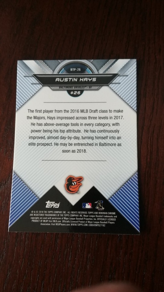 2018 BOWMAN CHROME SCOUTS AUSTIN HAYS ROOKIE CARD #26. ORIOLES. MINT ...