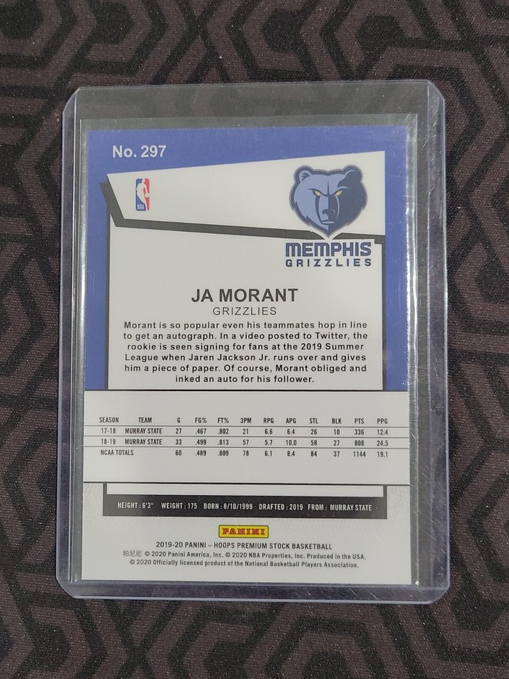 Ja Morant 2019-20 NBA Hoops Premium Stock Tribute Rookie Card RC #297 ...