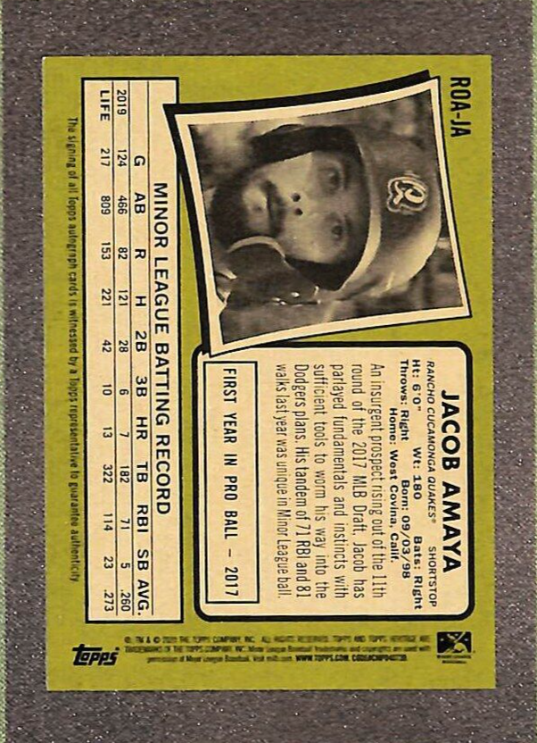 2020 Topps Heritage Minor #ROA-JA Jacob Amaya Real One Autograph Rookie ...