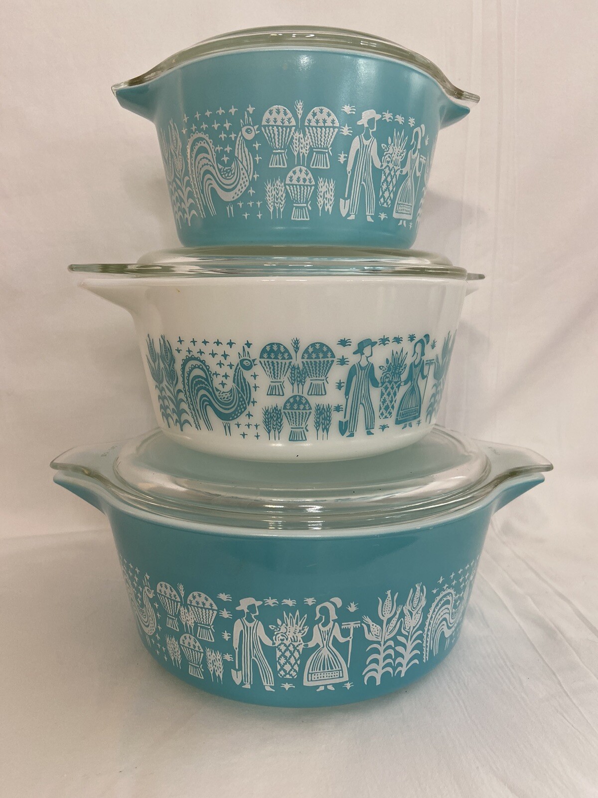Vintage Pyrex 3 Bowl Set With Lids Butterprint Sz. ( 2.5, 1.5, 1 Quart ...