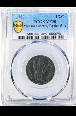 1787 Massachusetts Half Cent Ryder 5-A PCGS VF30BN Rare Colonial Coin ...