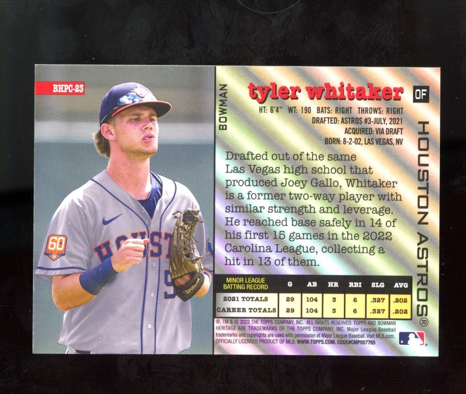 2022 Bowman Heritage Chrome Refractor TYLER WHITAKER Yellow #/75 ...