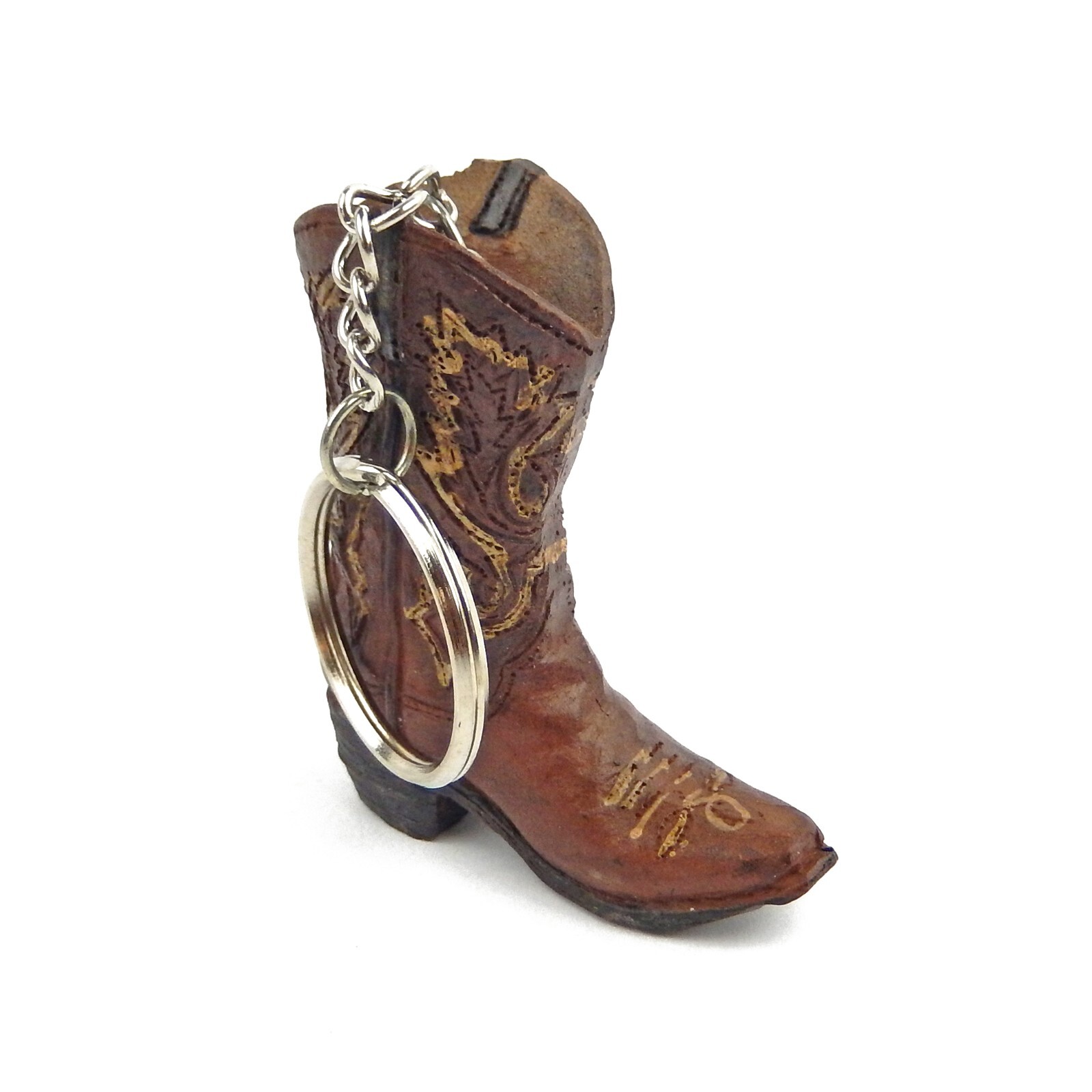 Rustic Tiny Cowboy Boot Keychain Key Ring Hand Painted Polyresin Brown ...