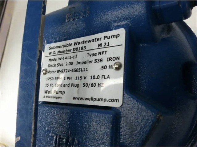 Weil Pump W-1411-12 Submersible Pump for Wastewater 115V 1750RPM 0.5HP ...