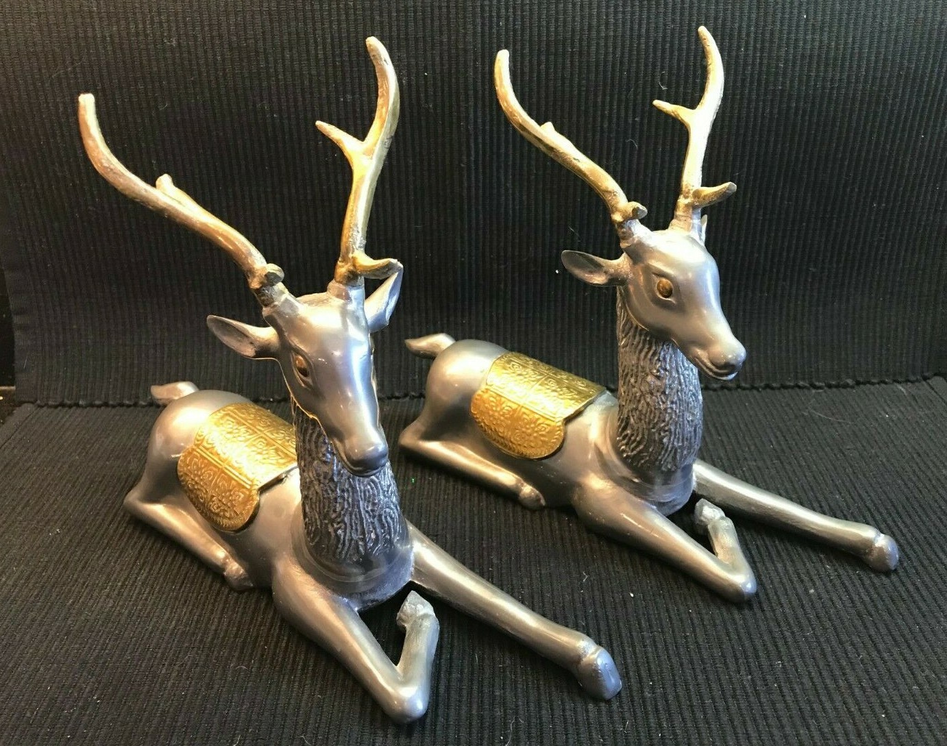 SET OF 2 VINTAGE PEWTER BRASS RECLINING STAG REINDEER DEER FIGURES ...