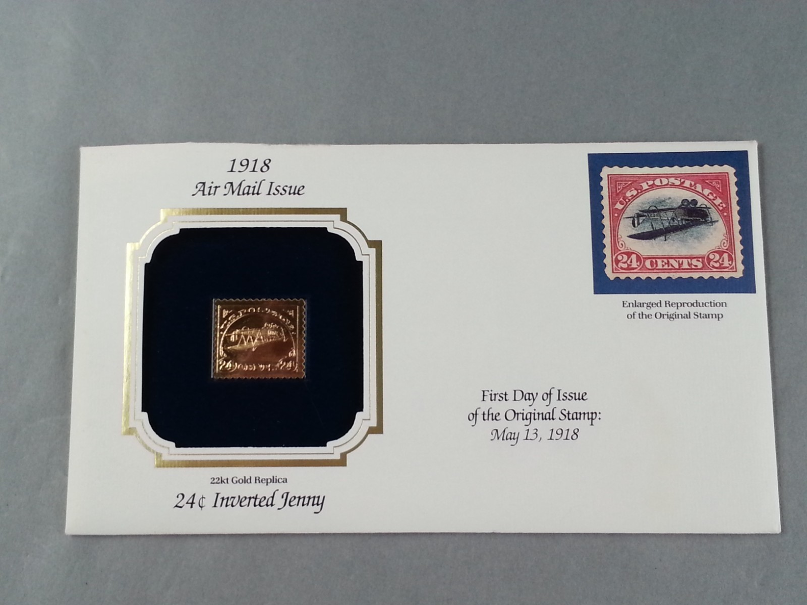 Inverted Upside Down Jenny 22kt Gold Replica Stamp & Envelope, Air Mail