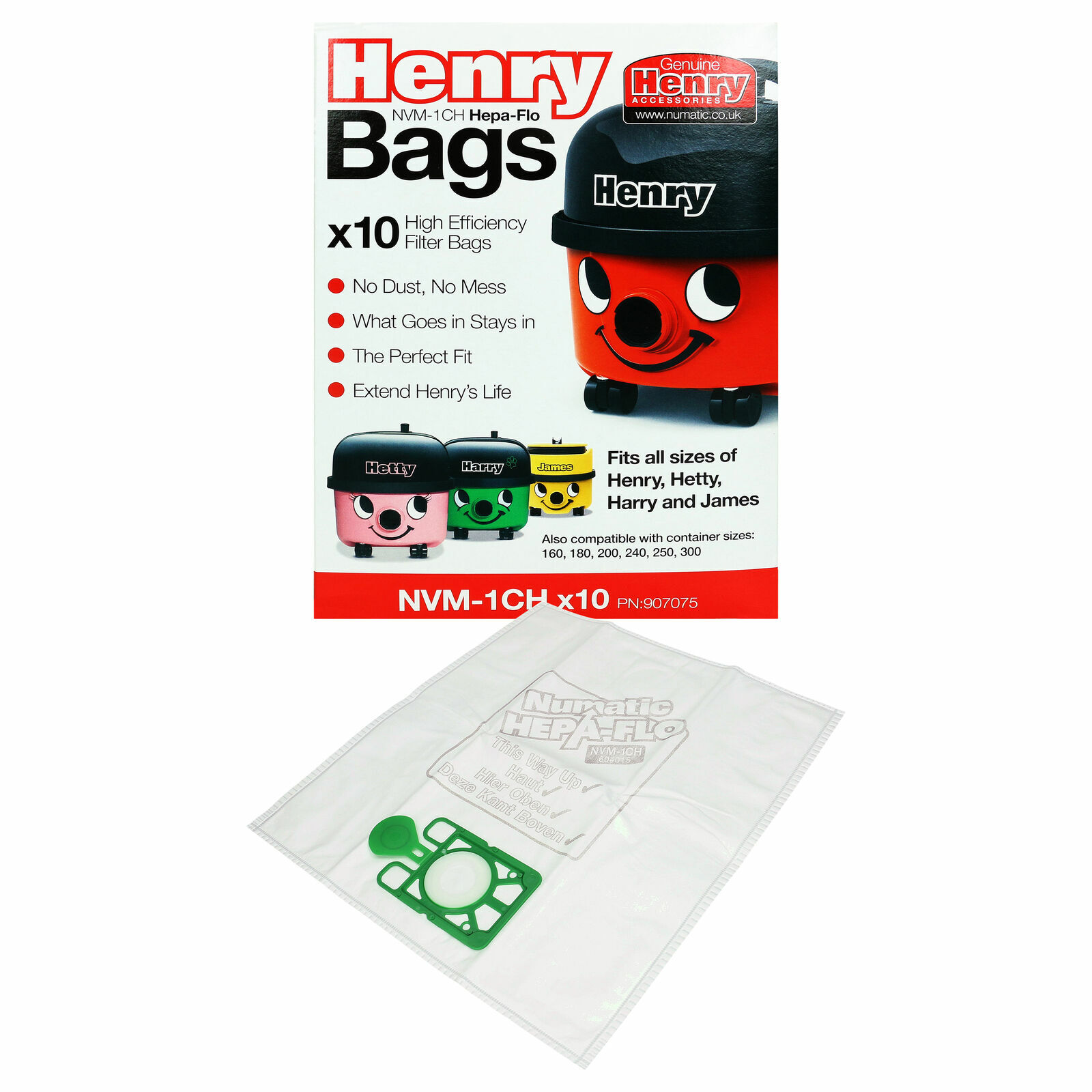 Henry Hoover Bags Hepaflo NVM-1CH 907075 Numatic Hetty James Harry ...