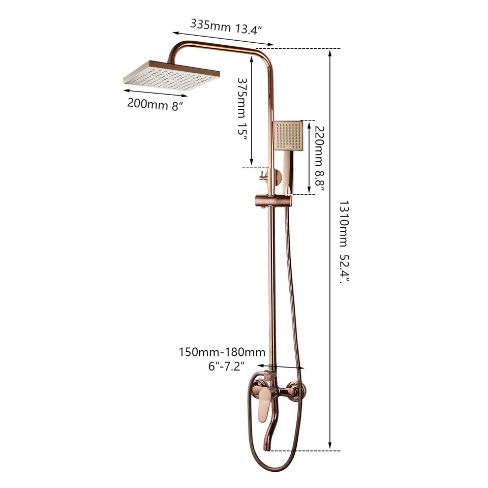 8''Rose Gold Shower Faucet Set Square Head Shower With Hand Shower ...